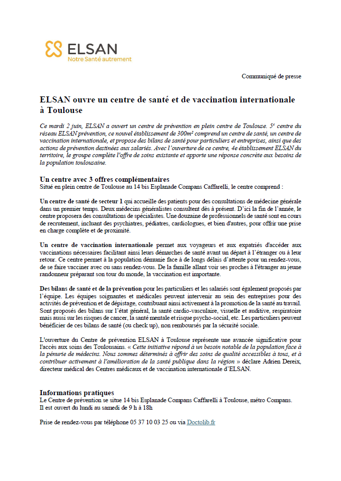 ELSAN ouvre un centre de santé et de vaccination internationale à Toulouse | Elsan